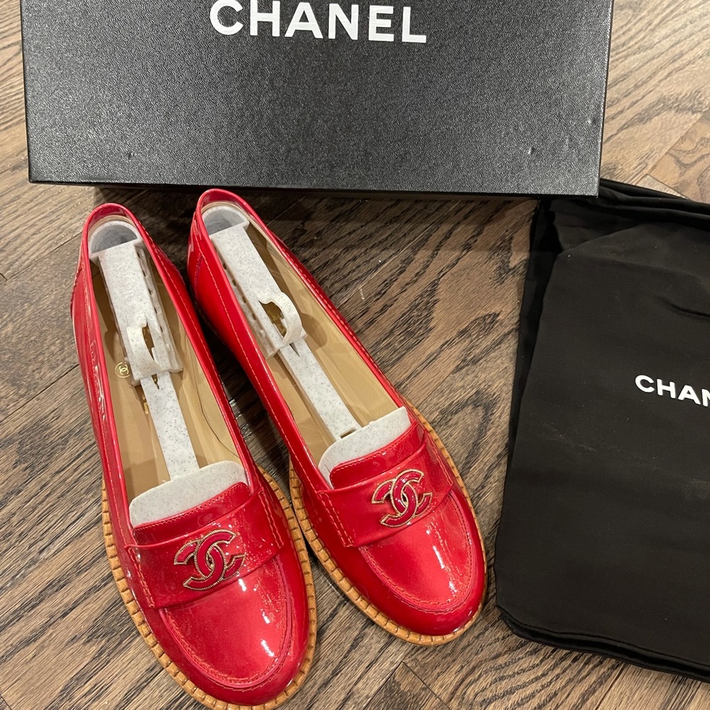 Chanel Red Patent Leather Loafers - Gem